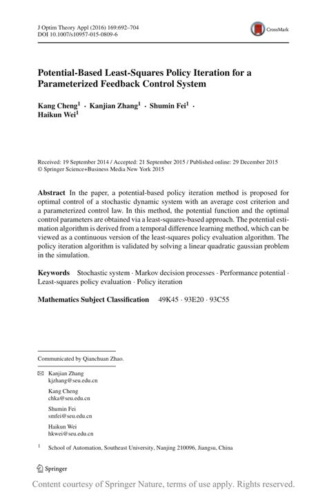 Potential Based Least Squares Policy Iteration For A Parameterized Feedback Control System