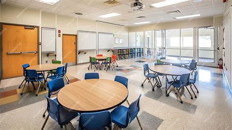 A Modern Classroom With Tables And Chairs And A Chalkboard Premium Ai