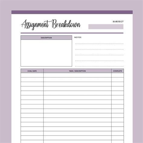 Printable Assignment Breakdown Instant Download Pdf Planner Plan