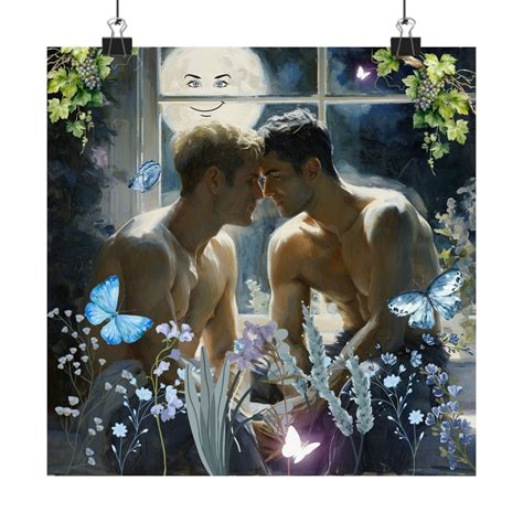 Two Men In A Garden Art Whimsical Gay Poster Lgbt Matte Square