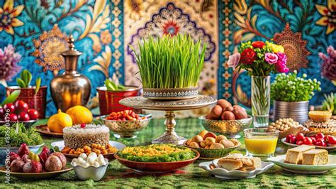 Colorful Nowruz Celebration With Traditional Haft Seen Table Nowruz