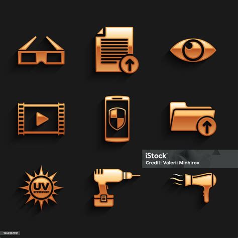 방패 드릴 머신 헤어 드라이어 다운로드 화살표 폴더 자외선 차단 및 비디오 재생 아이콘으로 스마트 폰을 설정하십시오 벡터 3차원 형태에 대한 스톡 벡터 아트 및 기타 이미지