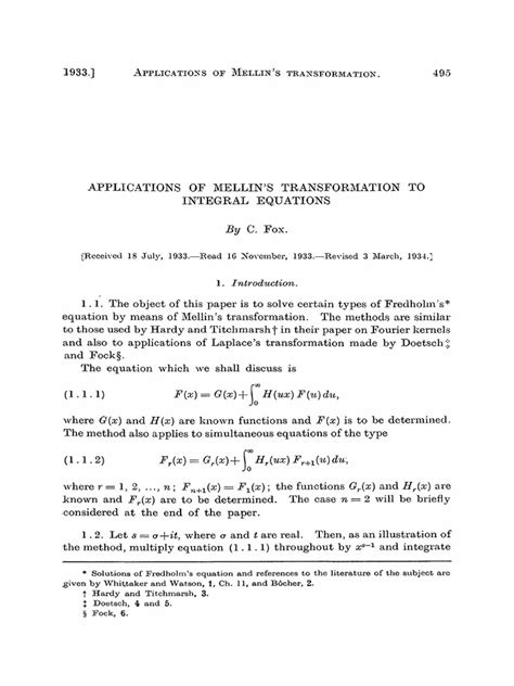 fox applications of mellin s transformation to integral equations