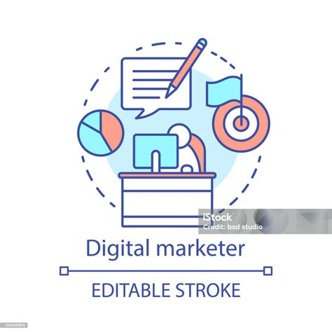디지털 마케터 컨셉 아이콘입니다 디지털 마케팅 전문 아이디어 얇은 라인 일러스트 타겟 광고 전문가 시장 조사 분석가 벡터 절연 윤곽선 도면 편집 가능한 스트로크 개념에 대한