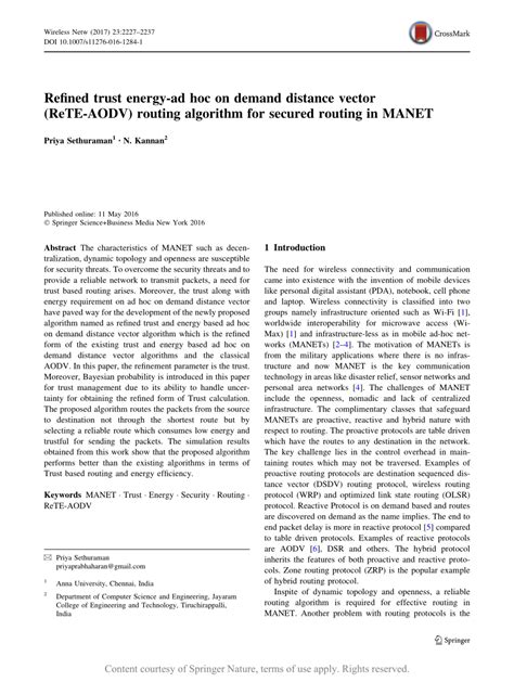 Refined Trust Energy Ad Hoc On Demand Distance Vector Rete Aodv