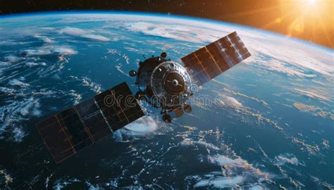 Satellite Orbiting Earth With Sunrise In Background Concept Of Space Exploration And Technology