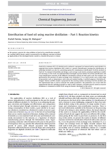 Pdf Esterification Of Fusel Oil Using Reactive Distillation Part I Reaction Kinetics