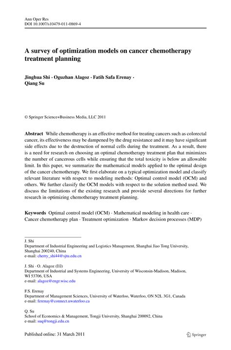 Pdf A Survey Of Optimization Models On Cancer Chemotherapy Treatment Planning
