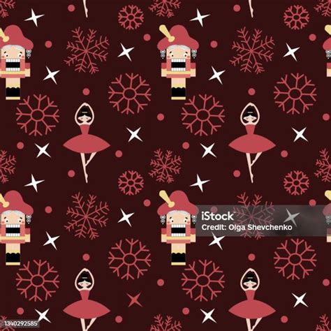 호두까기 인형과 발레리나 직물 종이 직물 선물 랩을 빨간색 배경에 격리 한 눈송이와 벡터 크리스마스 원활한 패턴 호두 까는 기구에 대한 스톡 벡터 아트 및 기타 이미지