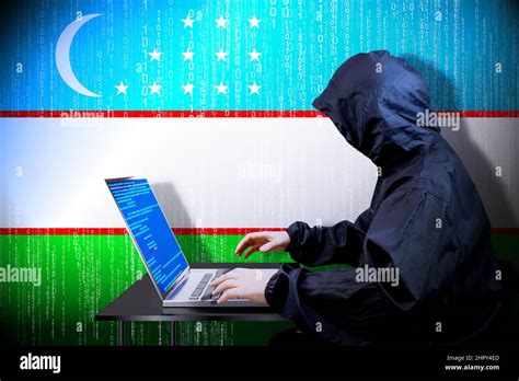 Anonymous Hooded Hacker Flag Of Uzbekistan Binary Code Cyber Attack