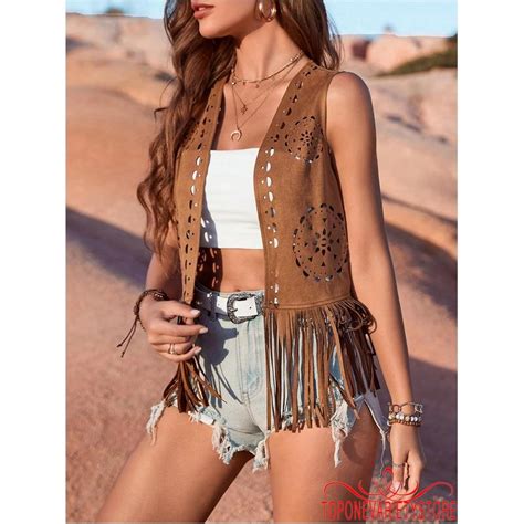Topone Women Fringe Faux Suede Casual Open Front Sleeveless Tassel