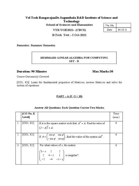 Set D Pdf Matrix Mathematics Applied Mathematics