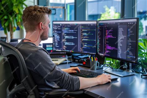Software Developer Working On Code At A Multimonitor Desk Premium Ai