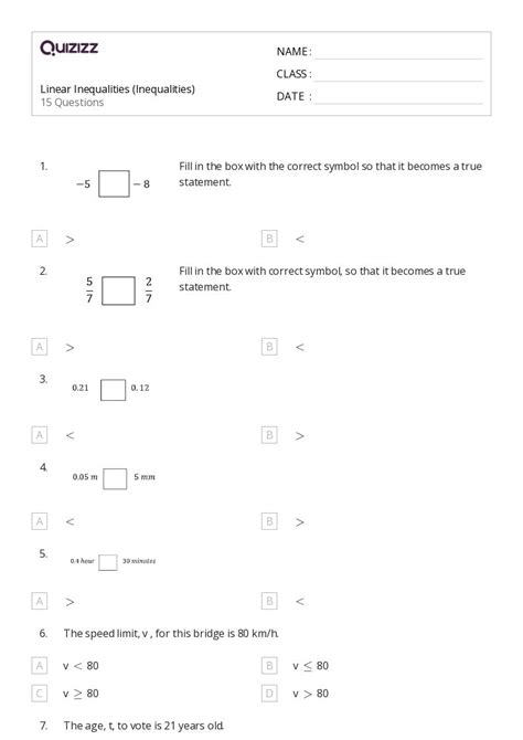 50 inequalities worksheets for 2nd grade on quizizz free and printable