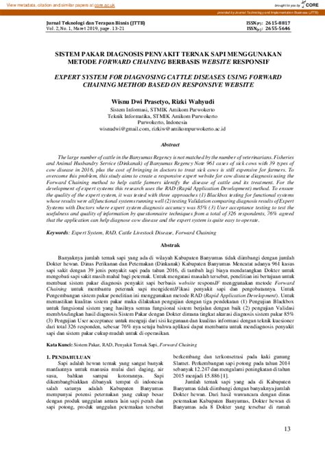 Pdf Sistem Pakar Diagnosis Penyakit Ternak Sapi Menggunakan Metode Forward Chaining Berbasis