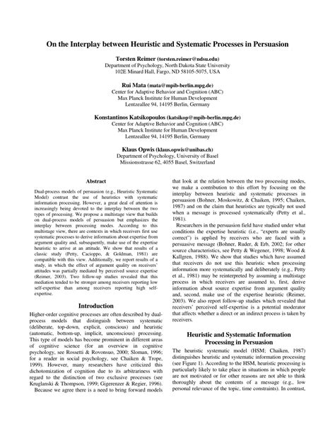 Pdf On The Interplay Between Heuristic And Systematic Processes In Persuasion