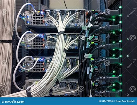 Data Center Equipment With Organized Cabling And Illuminated Ports Providing Network Support