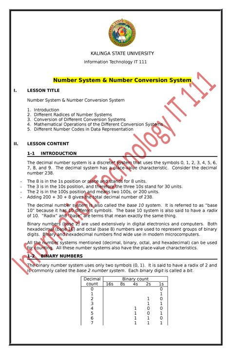 Number System Number Conversion System Kalinga State University Information Technology It 111