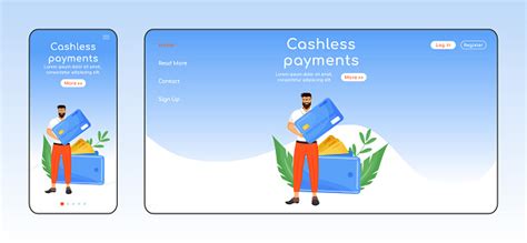 현금없는 지불 적응 착륙 페이지 플랫 컬러 벡터 템플릿 뱅킹 서비스 모바일 및 Pc 홈페이지 레이아웃 핀테크 한 페이지 웹 사이트 Ui 신용 카드 거래 웹 페이지 크로스