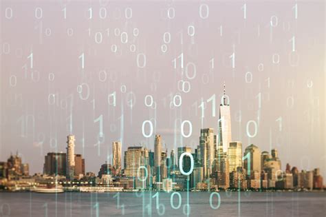 Abstract Virtual Binary Code Hologram On New York Cityscape Background Ai And Machine Learning