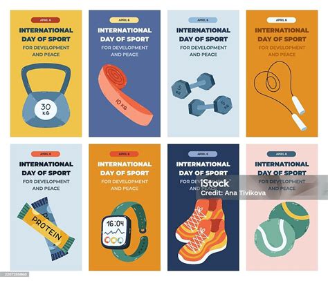 휘트니스 클립 아트와 함께 개발과 평화를위한 국제 스포츠의 날을위한 수직 포스터의 큰 다채로운 세트 필라테스 역도 훈련 목록이 있는 소셜 미디어용 휴일 포스터 가냘픈에 대한