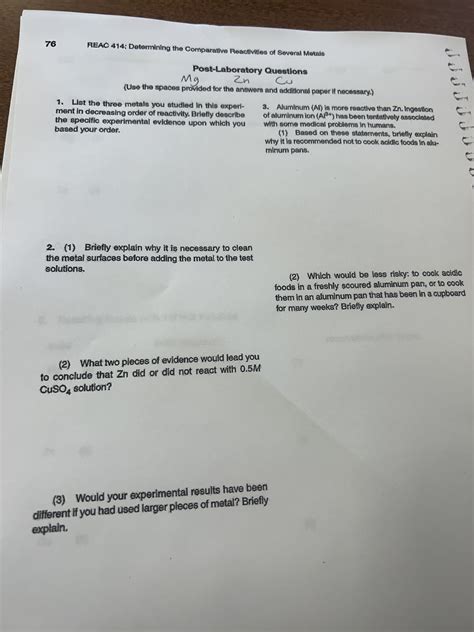 Solved Post Laboratory Questions Use The Spaces Provided For