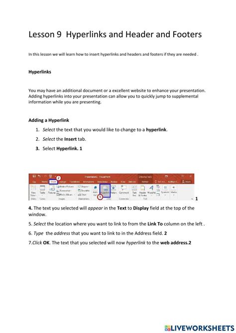 Lesson 9 Hyperlink Headers And Footers Worksheet Live Worksheets