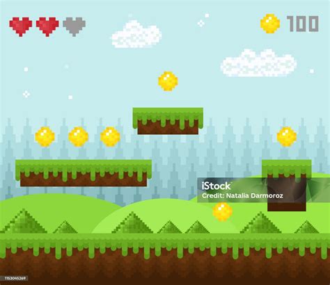 복고풍 스타일의 픽셀 게임 풍경 픽셀화 된 게임 풍경 아이콘 오래 된 게임 배경 픽셀 디자인의 벡터 일러스트 레이 션 여가활동 게임에 대한 스톡 벡터 아트 및 기타 이미지