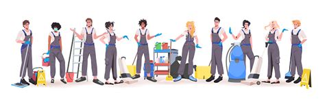레이스 전문 오피스 클리너 팀이 청소 장비와 유니폼을 입고 관리인을 함께 서 있습니다 가공의 인물에 대한 스톡 벡터 아트 및 기타 이미지 가공의 인물 가사 집안일
