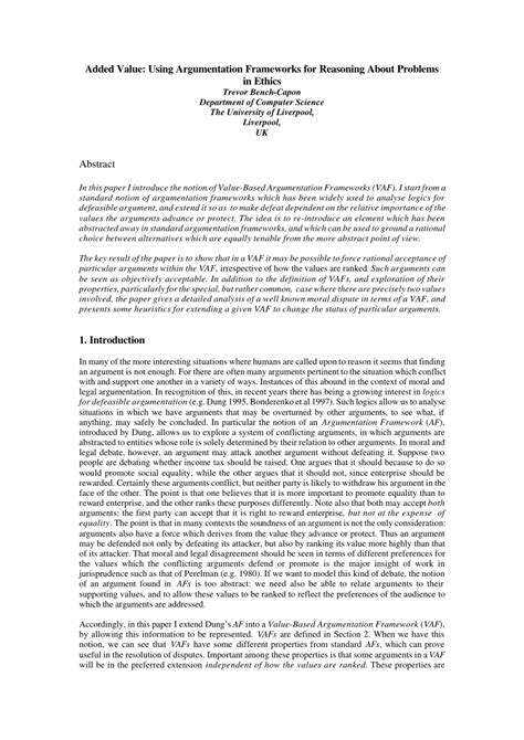 Pdf Added Value Using Argumentation Frameworks For Reasoning About Problems In Ethics