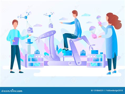 Robotic Hands And Conveyor Belt Controlled By Engineer Flat Vector Concept Infographic Stock