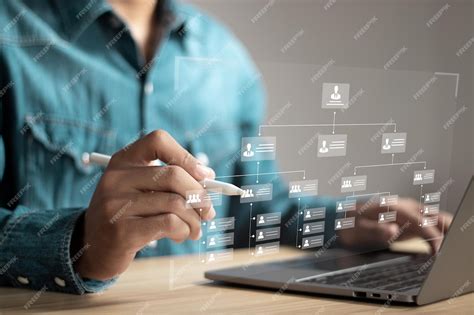 회사에서 팀과 직원의 계층 구조를 가진 조직 차트 비즈니스 프로세스 및 워크플로우 자동화 플로우 차트 비즈니스 및 기술 개념 프리미엄 사진