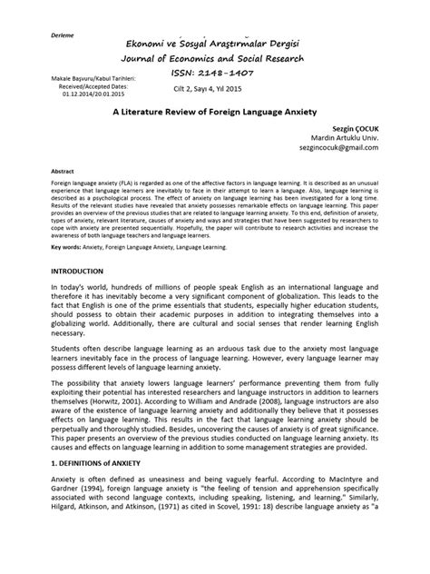 Sezgin A Literature Review Of Foreign Language Anxiety Pdf