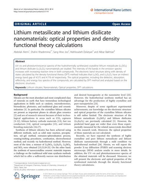 Pdf Lithium Metasilicate And Lithium Disilicate Nanomaterials Optical Properties And Density