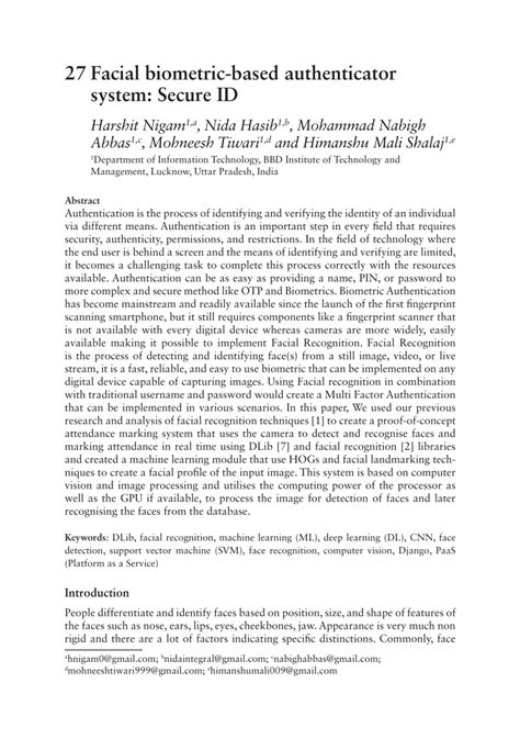 Pdf Facial Biometric Based Authenticator System Secure Id