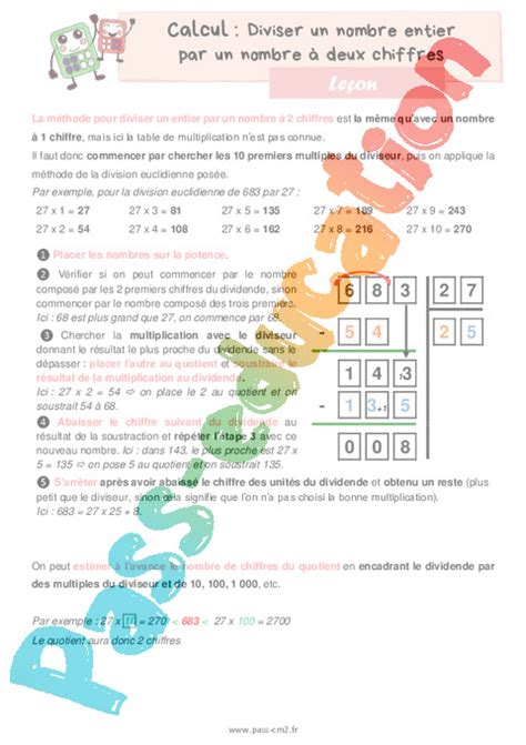 Diviser Un Nombre Entier Par Un Nombre à Deux Chiffres Cours Leçon