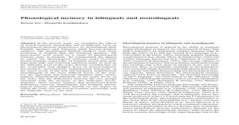 Pdf Phonological Memory In Bilinguals And Monolingualsdifferences Between Monolingual And