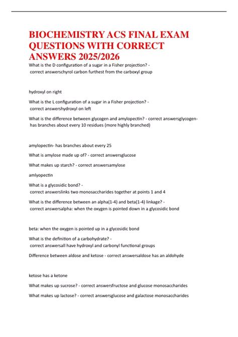 Biochemistry Acs Final Exam Questions With Correct Answers 2025 Fundamentals Of Biochemistry