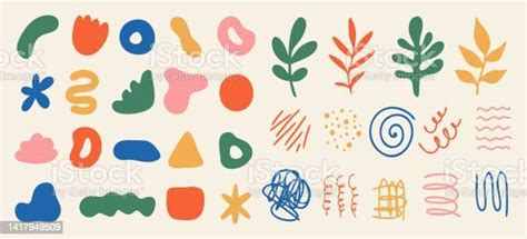 다양한 추상적 인 모양 낙서 및 식물의 세트 손으로 그린 낙서 현대 현대 패션 일러스트레이션 평면 디자인 손으로 그린 만화 벡터 0명에 대한 스톡 벡터 아트 및 기타 이미지