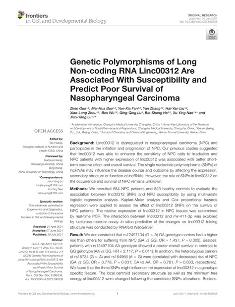 Pdf Genetic Polymorphisms Of Long Non Coding Rna Linc00312 Are Associated With Susceptibility