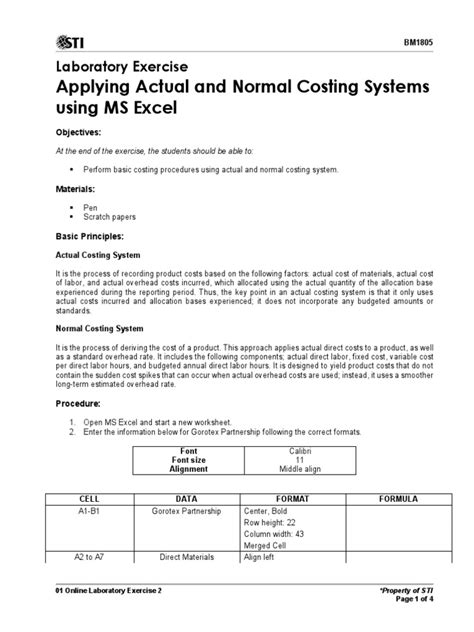 Applying Actual And Normal Costing Systems Using Ms Excel Laboratory Exercise Download Free
