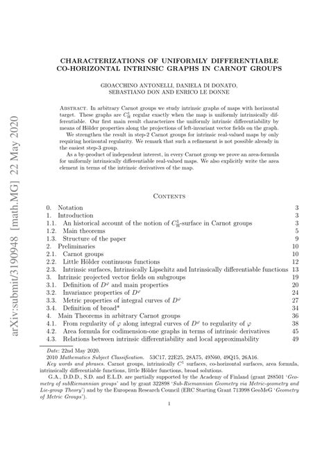 Pdf Characterizations Of Uniformly Differentiable Co Horizontal Intrinsic Graphs In Carnot Groups