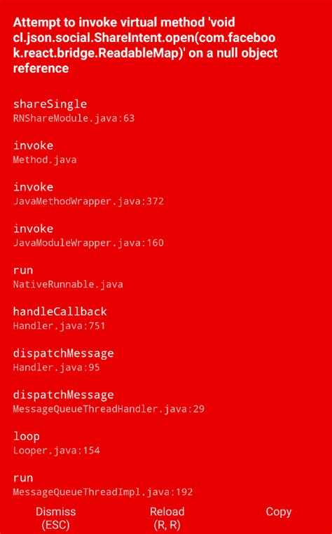 Attemp To Invoke Virtual Method Void Cljsonsocialshareintentopencomfacebookreactbridge