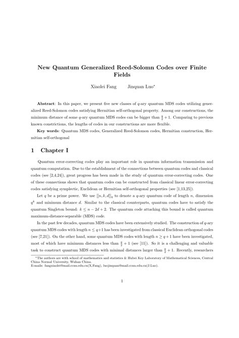 Pdf New Quantum Generalized Reed Solomn Codes Over Finite Fields