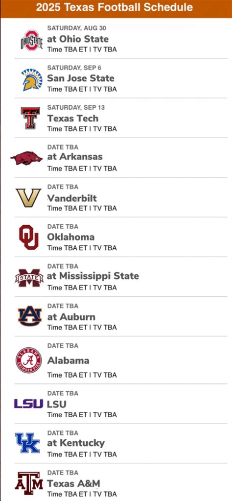 Printable Texas Longhorns Football Schedule