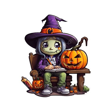 모자를 쓰고 의자에 앉아 웃는 호박 주위에 테이블에 편지를 쓰는 유령 소녀 해피 할로윈 만화 할로윈 스티커 Png 일러스트 및 이미지 에 대한 무료 다운로드 Pngtree