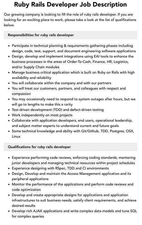 Ruby Rails Developer Job Description Velvet Jobs
