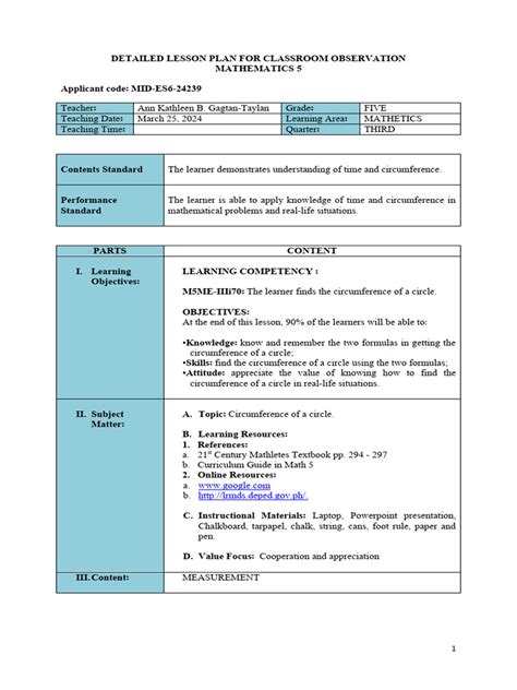 Detailed Lesson Plan For Classroom Observation Math52024 Pdf Pi