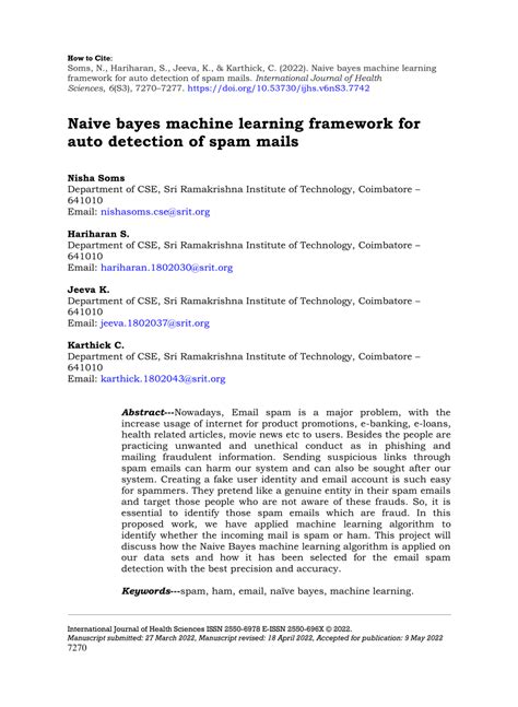 Pdf Naive Bayes Machine Learning Framework For Auto Detection Of Spam