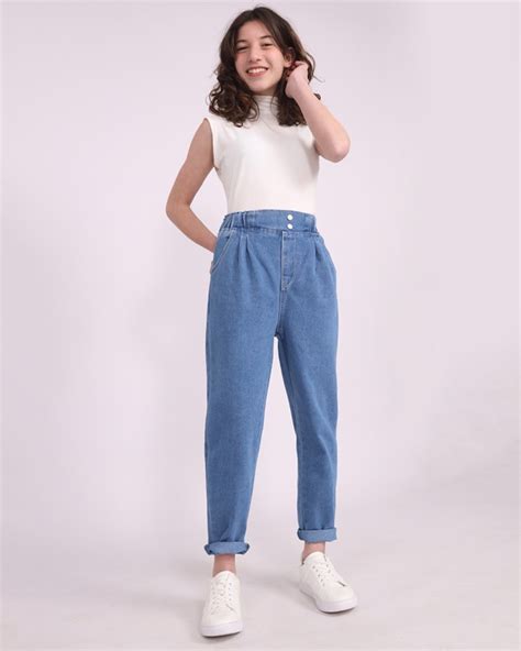 بنطلون جينز بوي فريند تصميم خصر هاي ويست مطاط ضراغمة